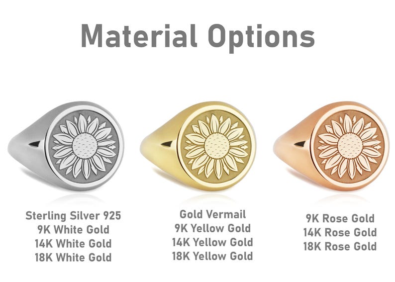 14K Gold Sunflower Signet Ring, Gold Daisy Signet Ring, Dainty ...