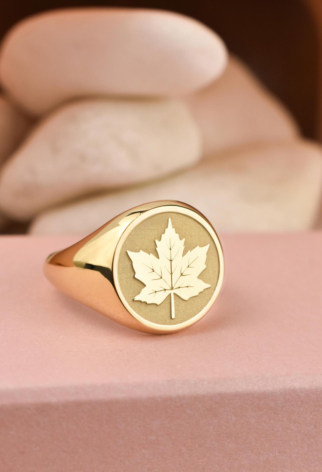 14K Gold Maple Leaf Signet Ring, Round Autumn Leaf Ring, Maple Leaf ...