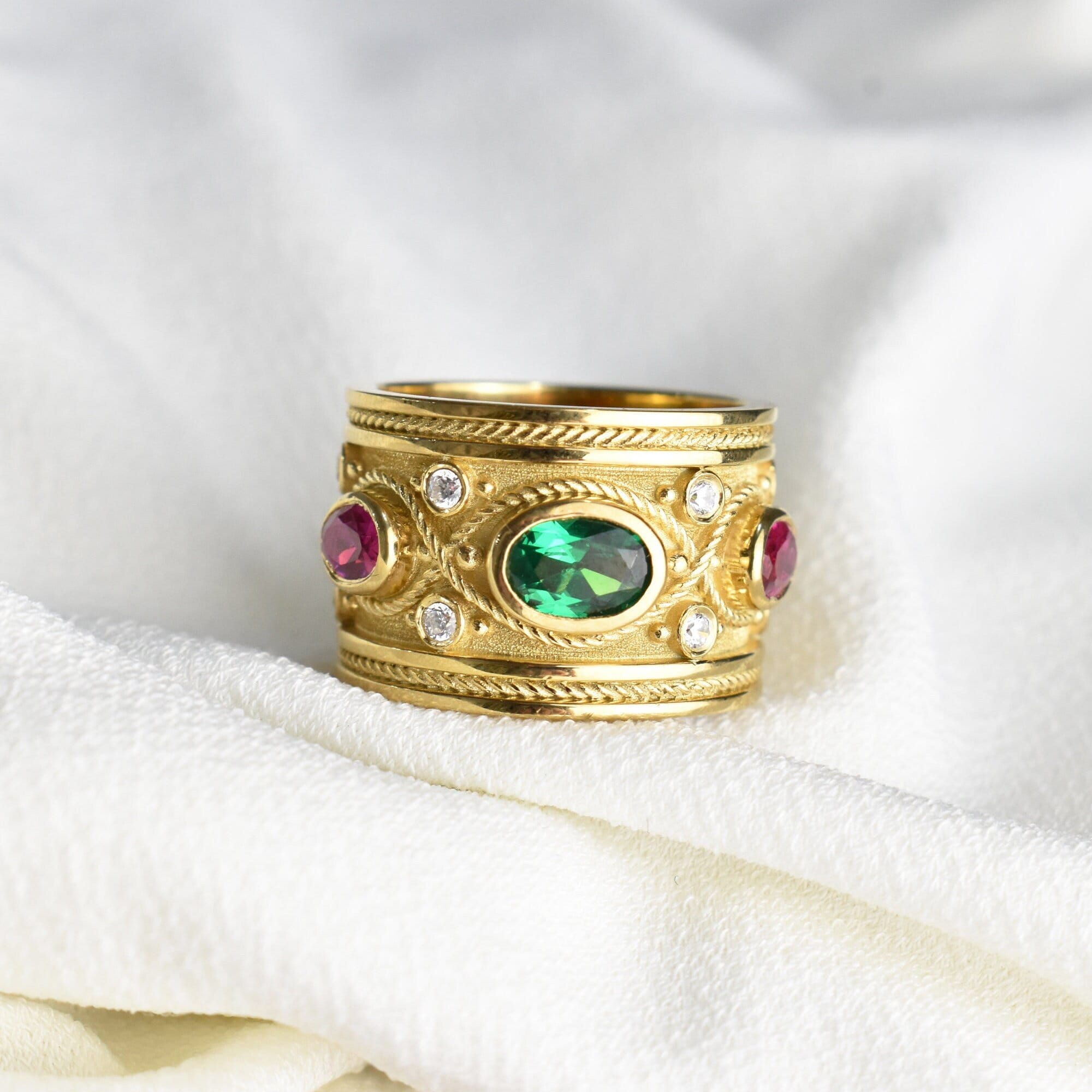 Solid Gold Byzantine Emerald Ring for Women, Wide Gold Band, Multi ...