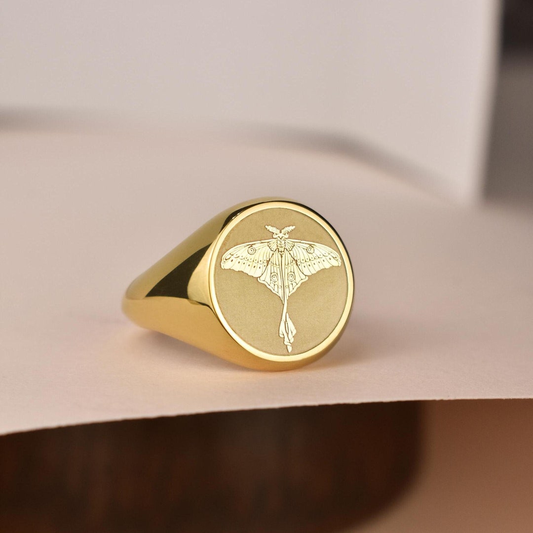 14K Gold Luna Moth Butterfly Signet Ring, Death Moth Jewelry for Women, Deadhead Moth Ring, Hawk ...