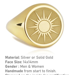 14K Solid Gold Sun Signet Ring for Men, Celestial Signet Ring, Sun Ray ...