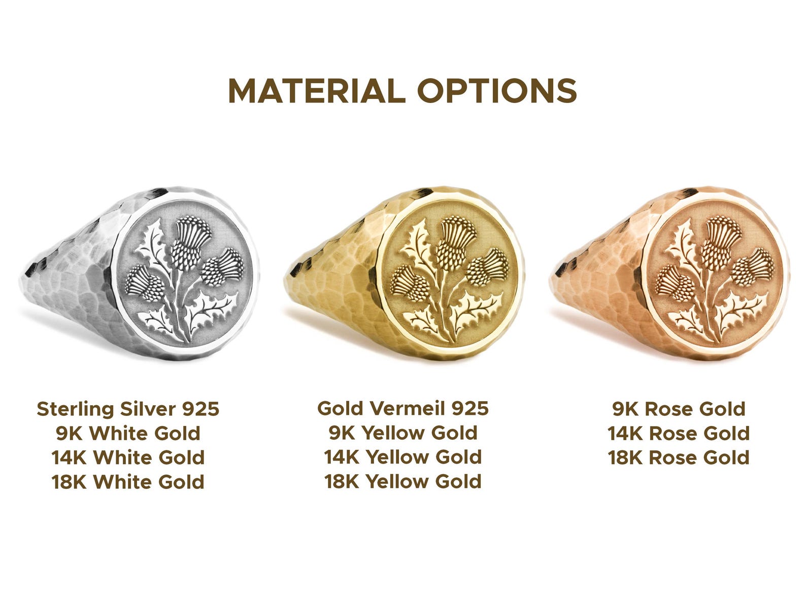 14K Solid Gold Thistle Signet Ring, Hammered Floral Jewelry, Scottish ...
