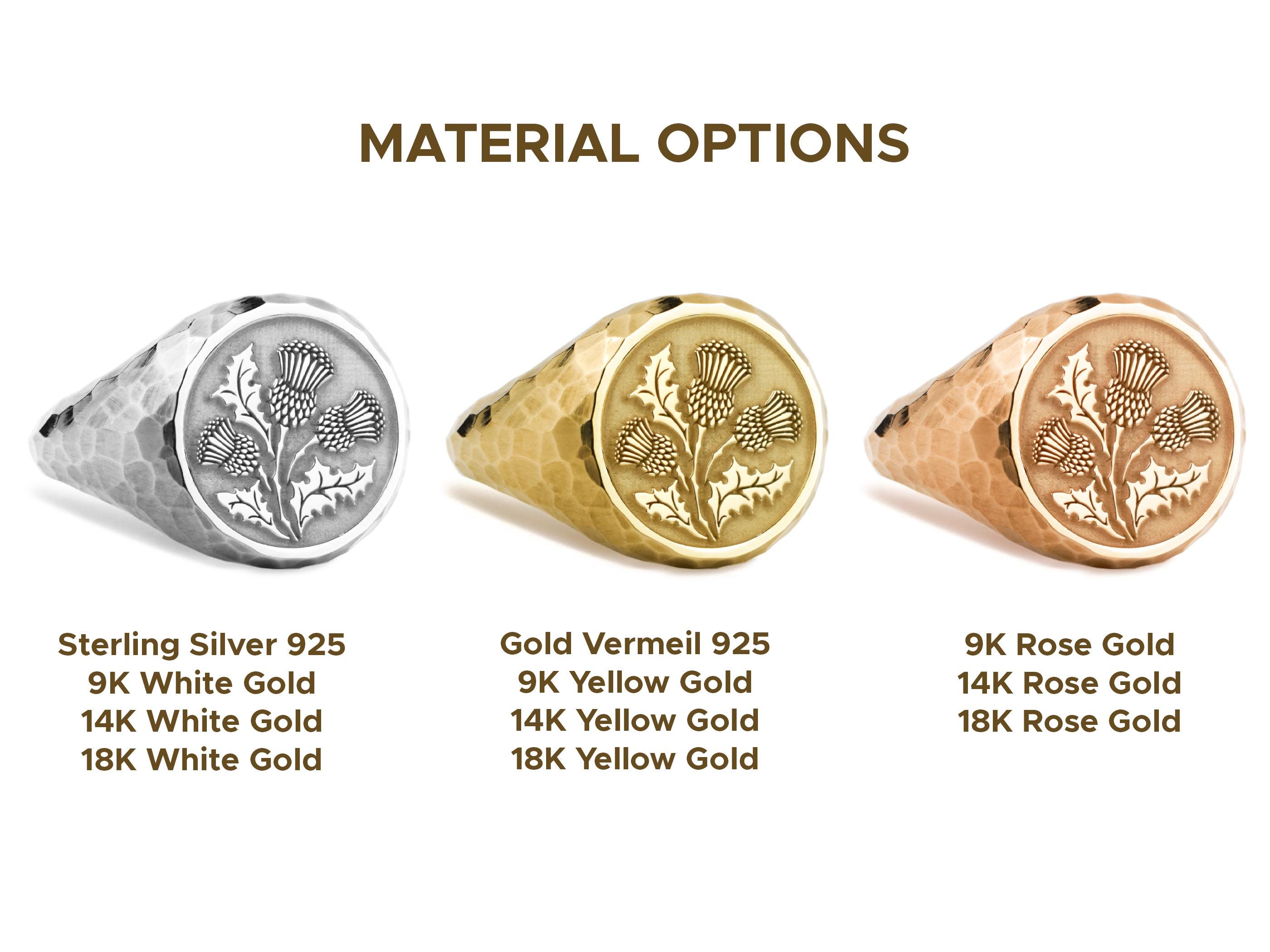 14K Solid Gold Thistle Signet Ring, Hammered Floral Jewelry, Scottish ...