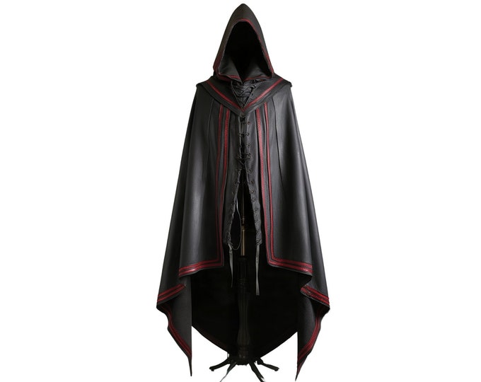 Handmade Black and Red Leather Medieval Hooded Cloak , Leather Cloak ...