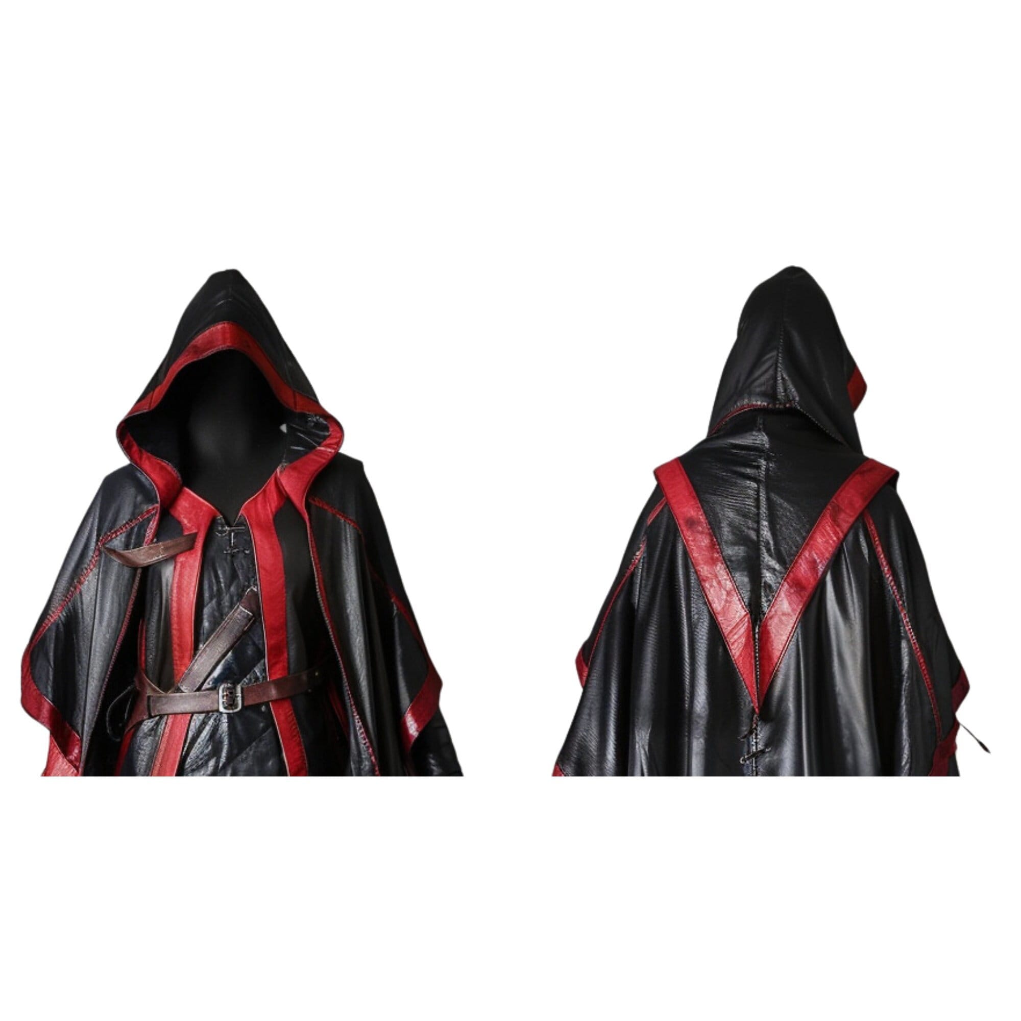 Handmade Black and Red Leather Hooded Cloak , Leather Cloak for Cosplay ...