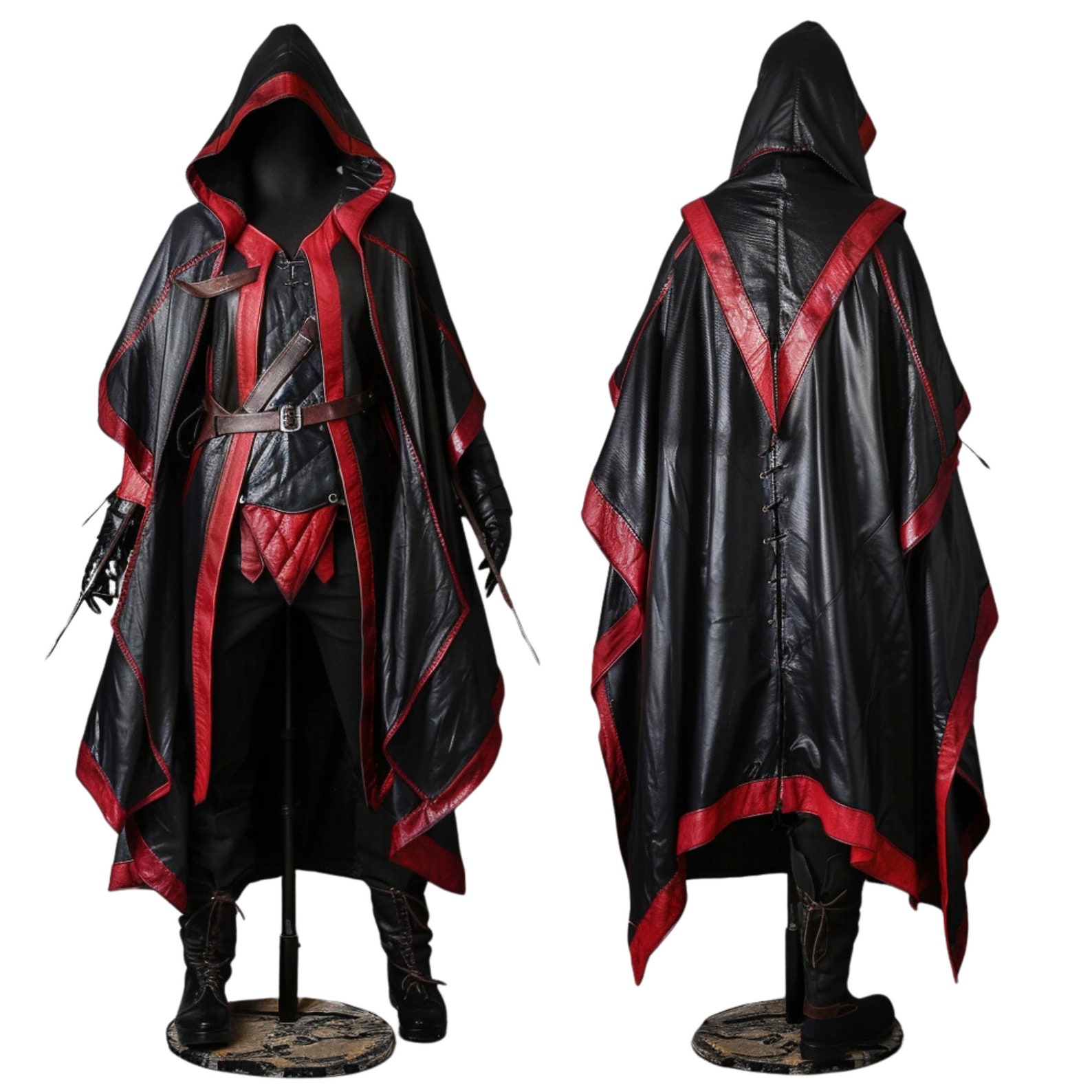 Handmade Black and Red Leather Hooded Cloak , Leather Cloak for Cosplay ...