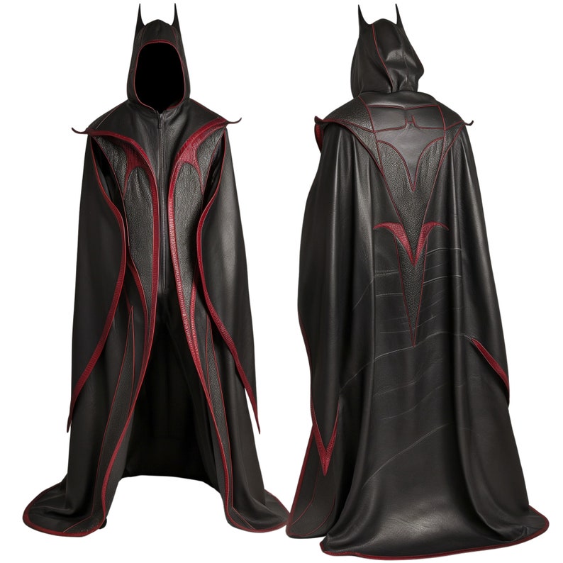 Pure Black and Red Leather Hooded Cloak , Leather Cloak for Cosplay ...