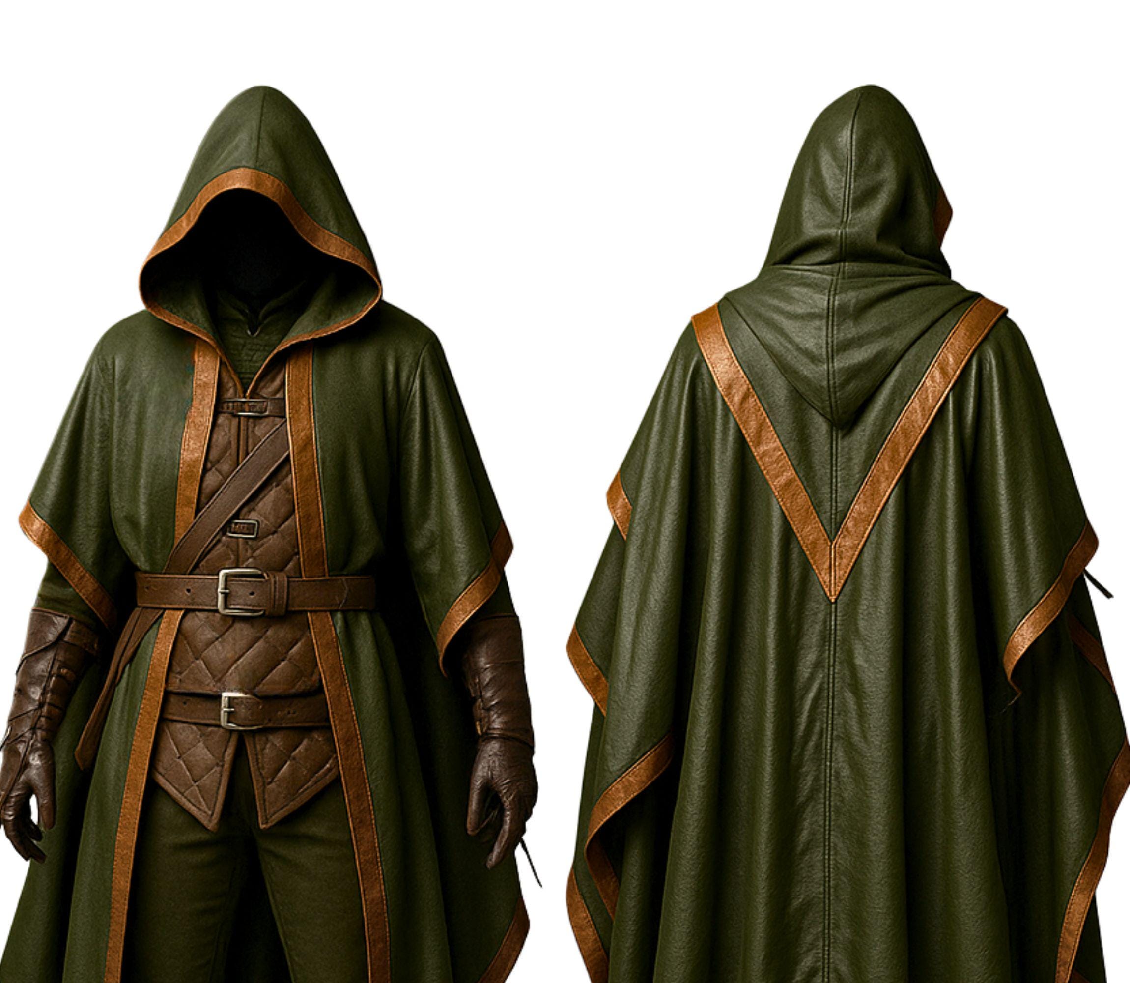 Handmade Green and Brown Leather Hooded Cloak | Leather Cosplay Cloak ...