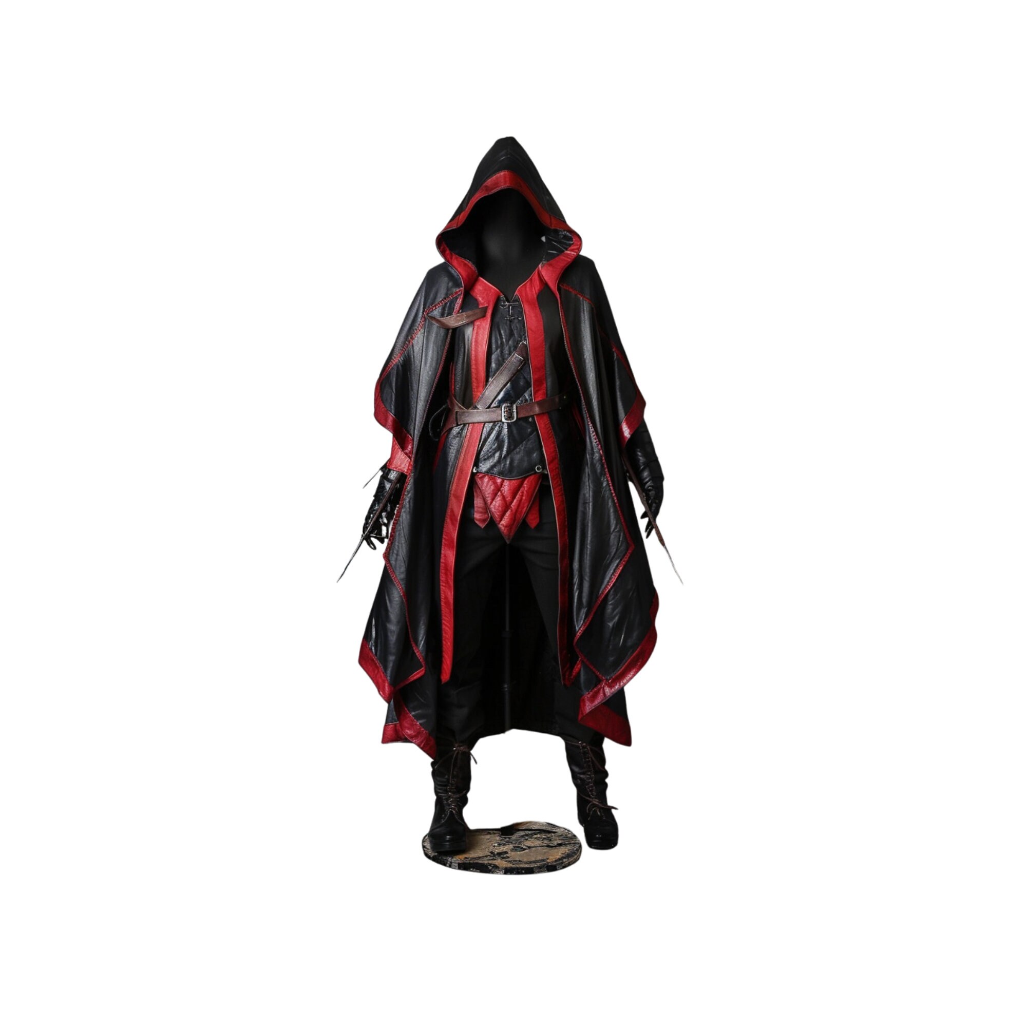 Handmade Black and Red Leather Hooded Cloak , Leather Cloak for Cosplay ...