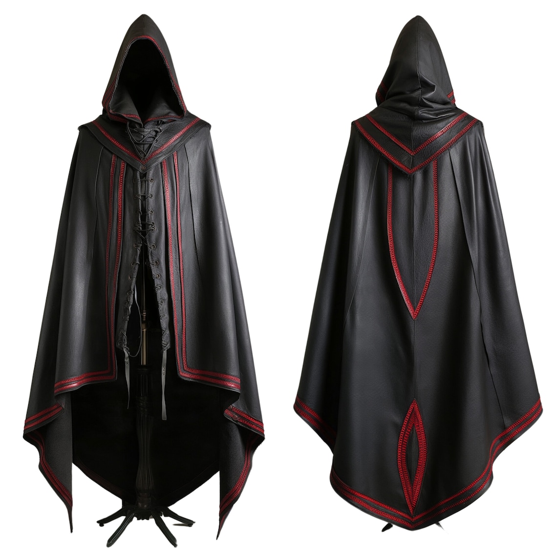 Handmade Black and Red Leather Medieval Hooded Cloak , Leather Cloak ...