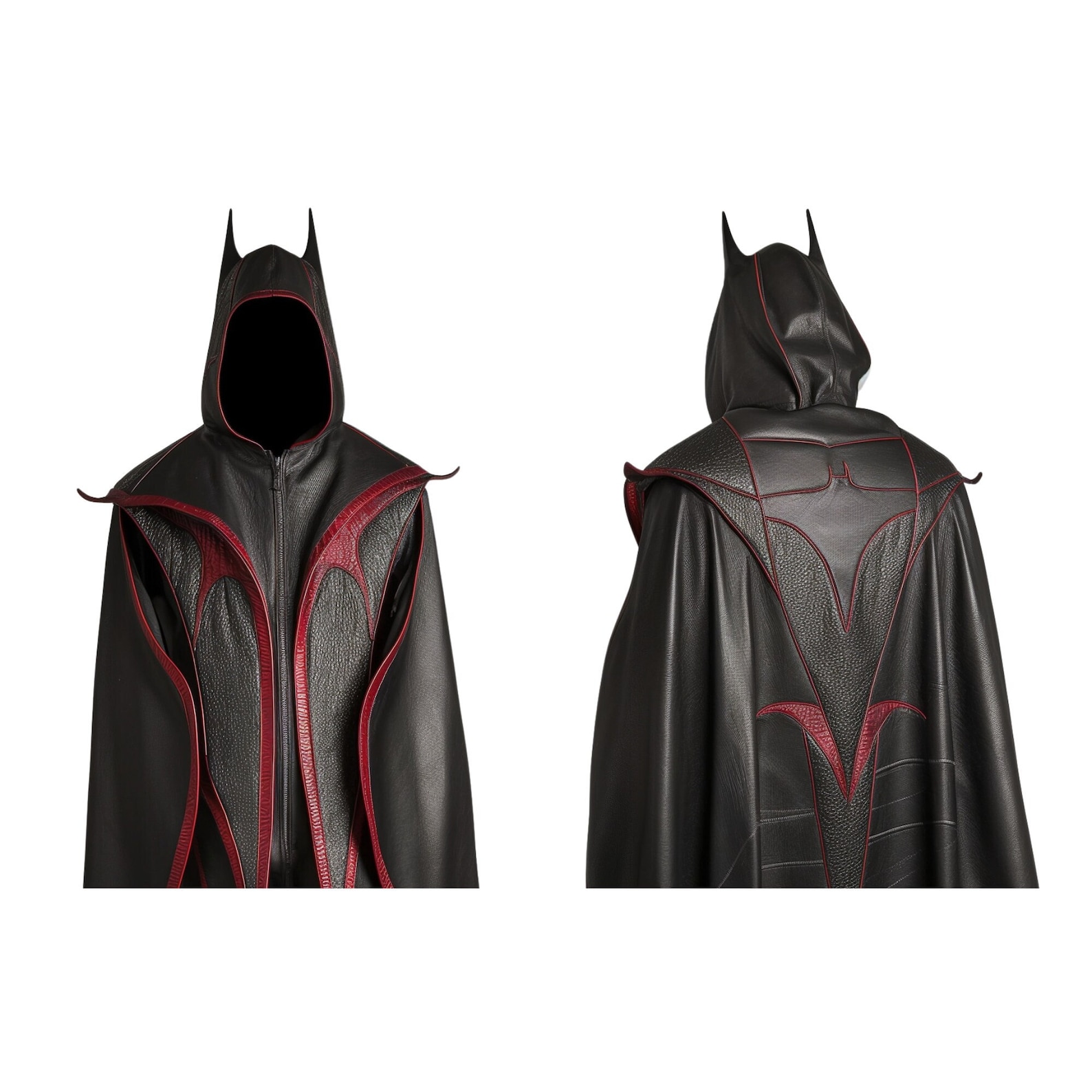 Pure Black and Red Leather Hooded Cloak , Leather Cloak for Cosplay ...