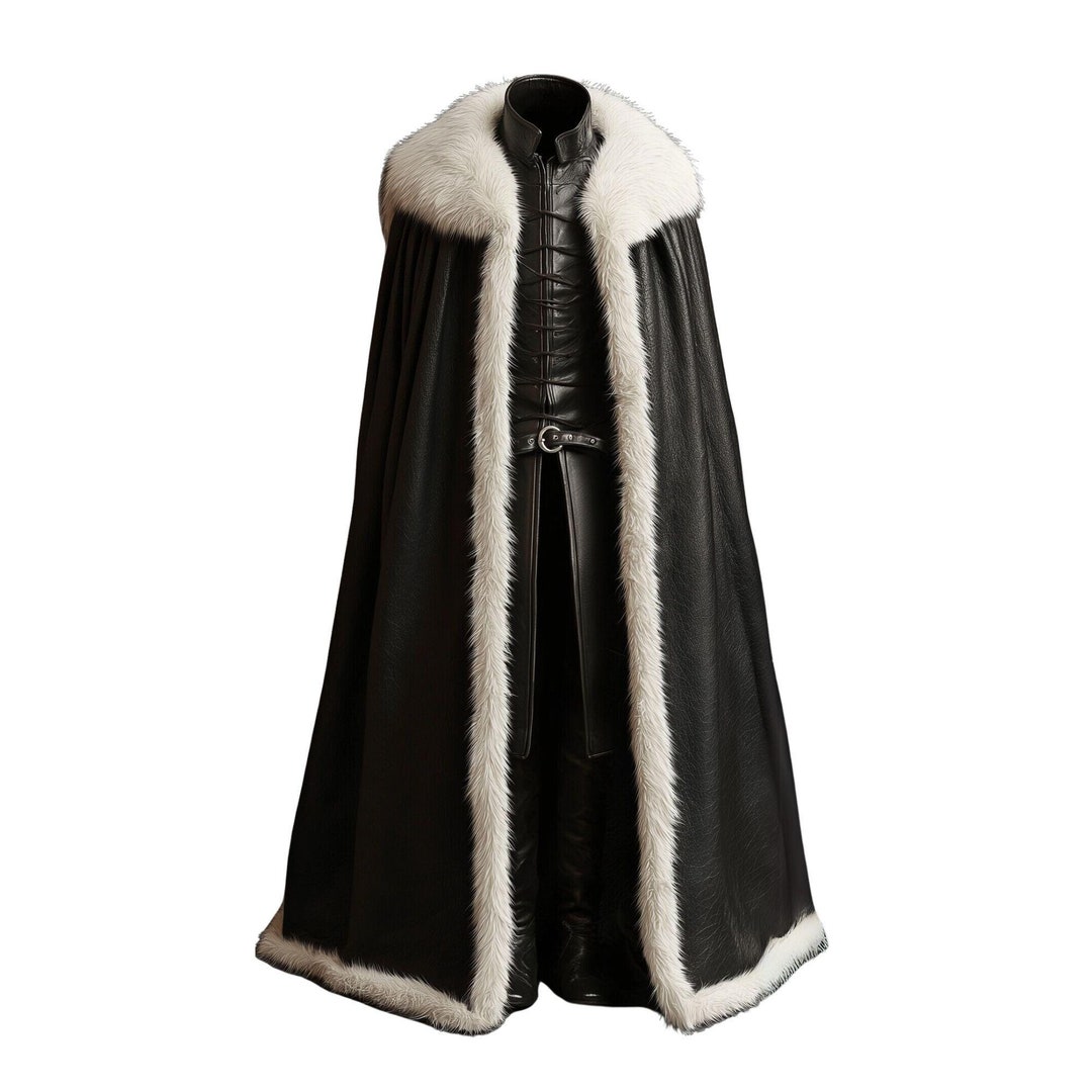 Black Leather Cloak With Fur Trim | Viking Leather Cape With Vest for ...