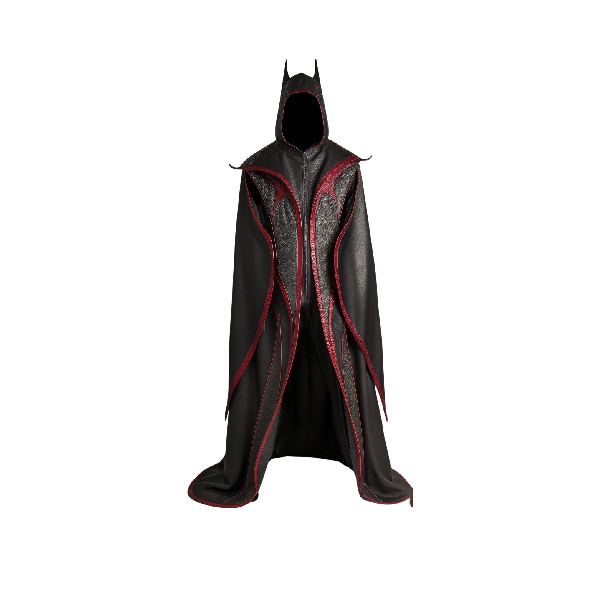 Pure Black and Red Leather Hooded Cloak , Leather Cloak for Cosplay ...