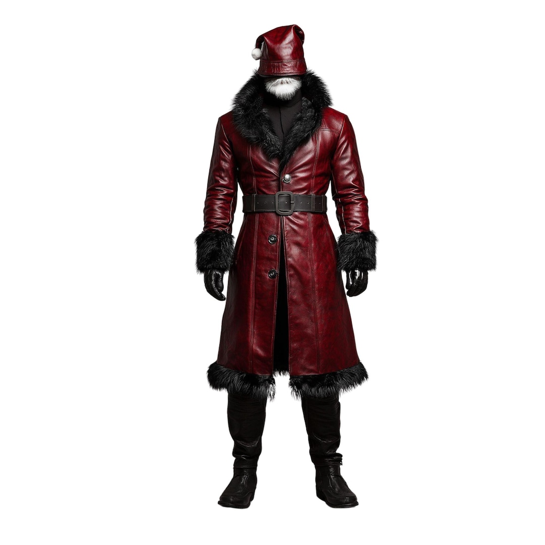 Gothic Red Leather Santa Trench Coat With Fur - Christmas Santa Claus ...