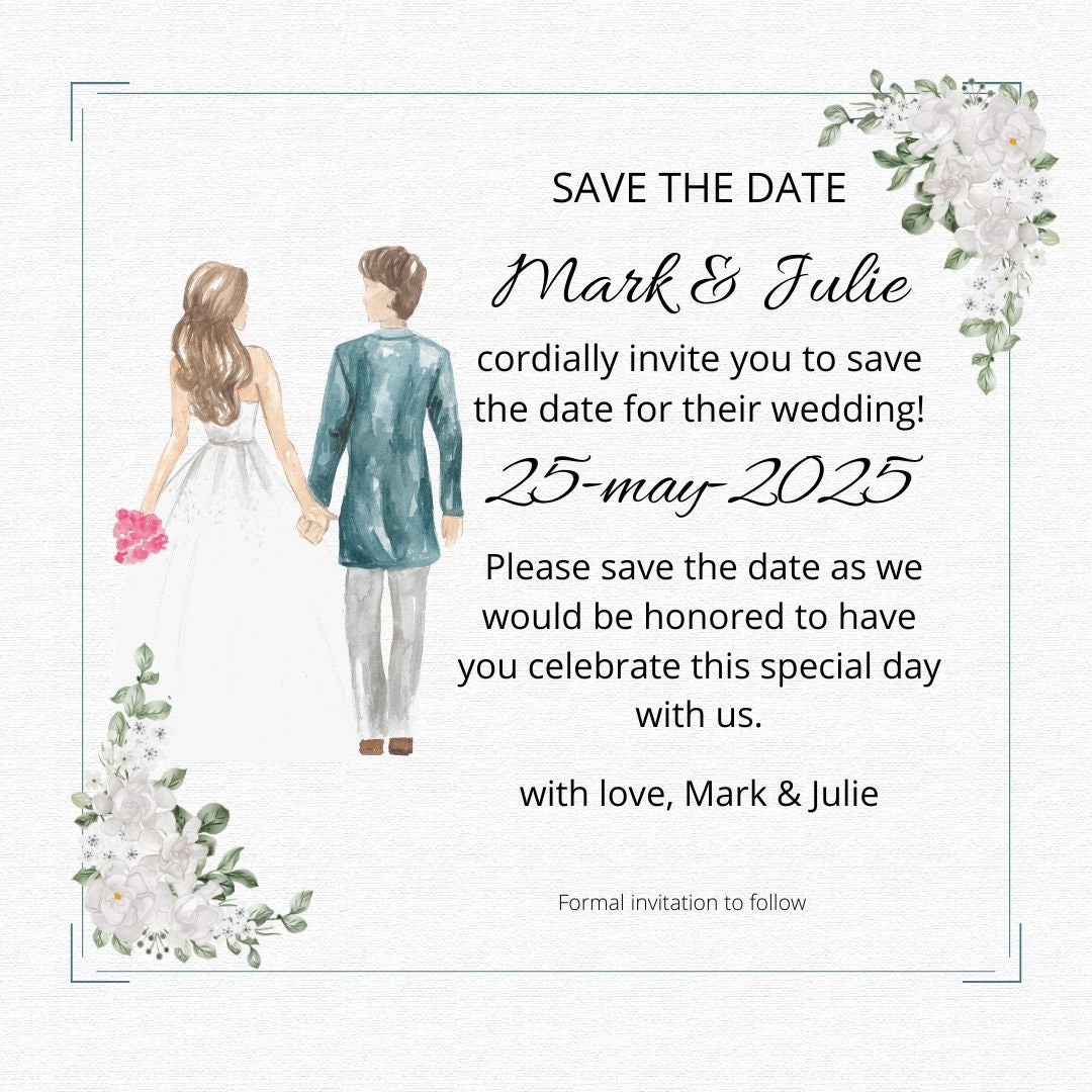 Watercolor Couple Save the Date, Square Invite, Custom Digital Template ...