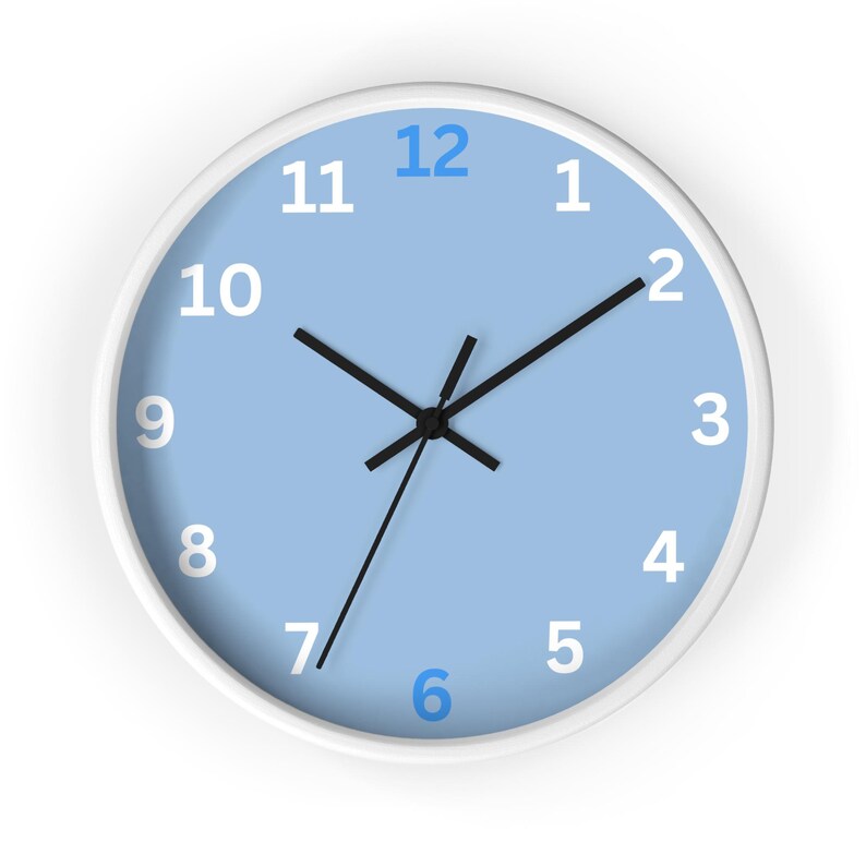 Wall Clock Pale Blue Face White Black Wood Frame White Blue Numerals ...