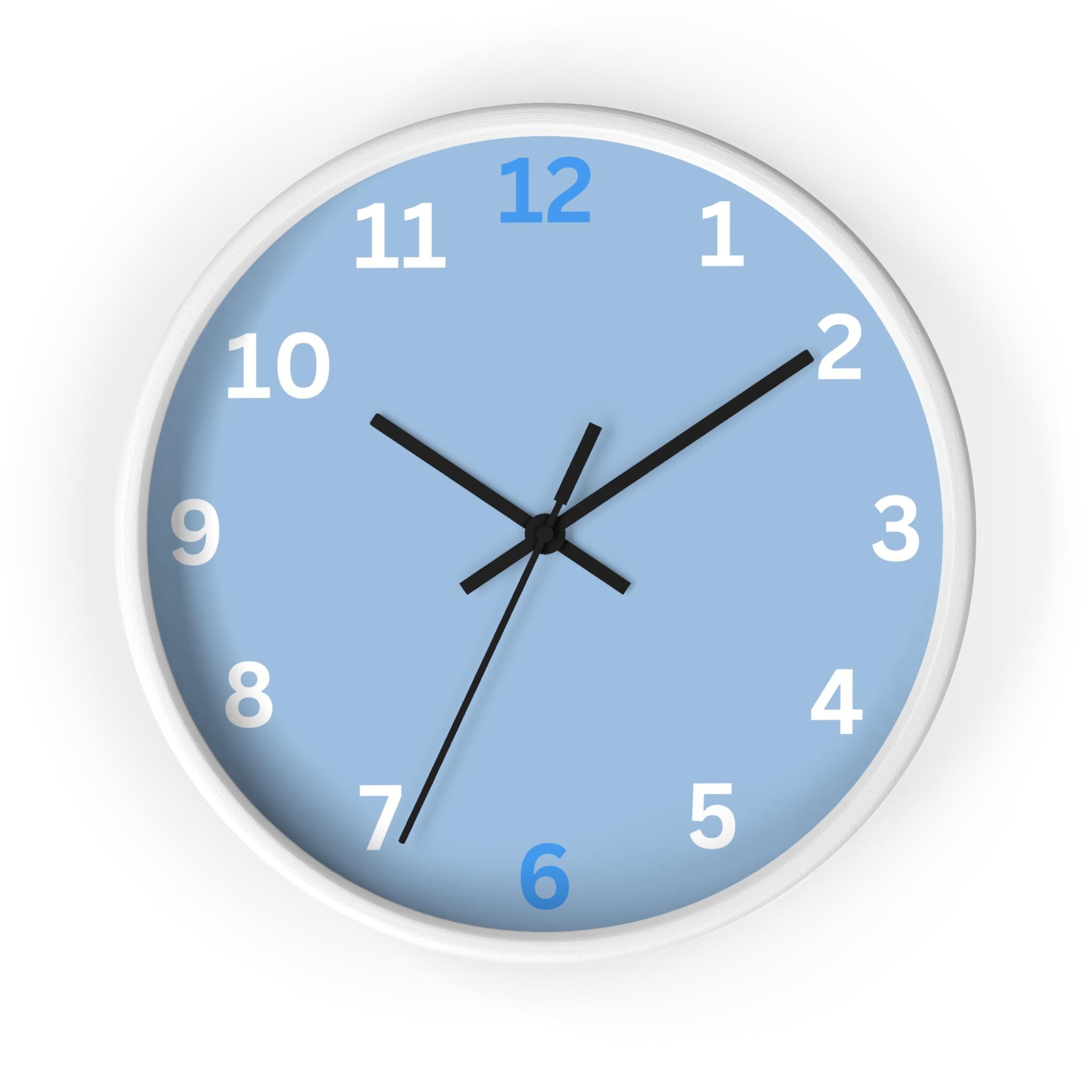 Wall Clock Pale Blue Face White Black Wood Frame White Blue Numerals ...