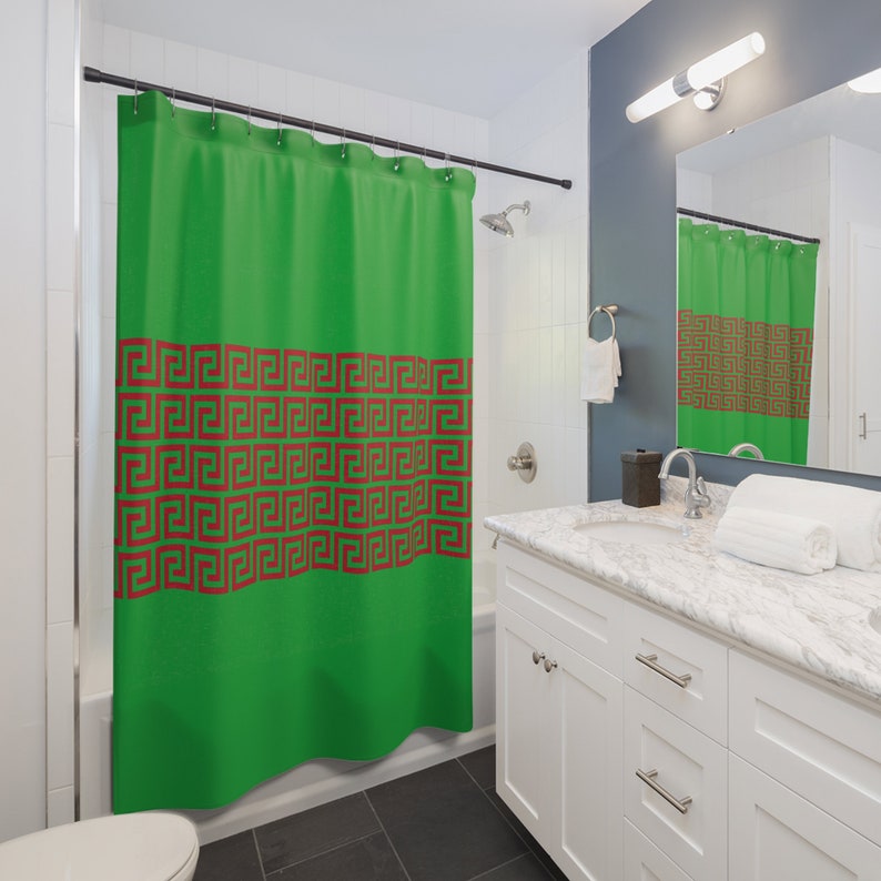 Shower Curtains No4 Red Greek Meander Pattern Green Background USA - Etsy