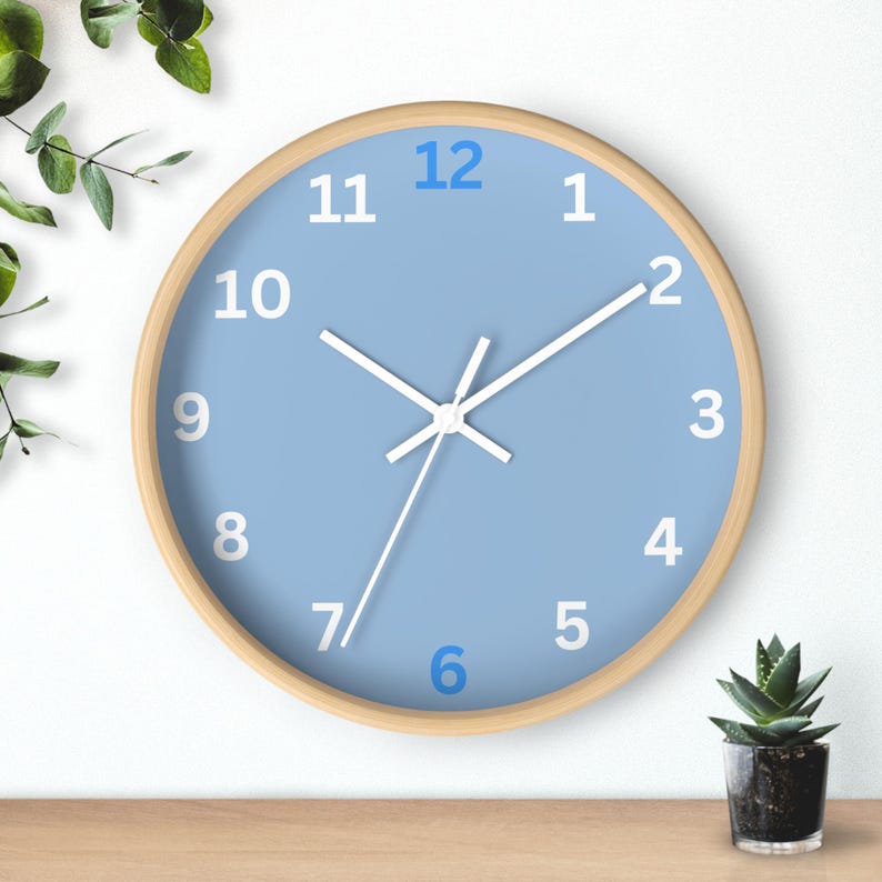 Wall Clock Pale Blue Face White Black Wood Frame White Blue Numerals ...