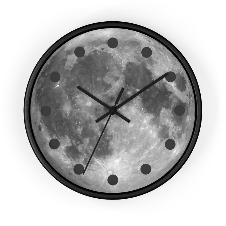 Wall Clock Space Clock No 2 Moon Face Black White Wood Frame Black ...