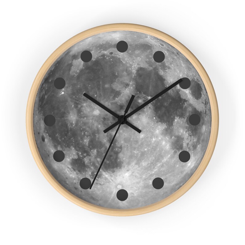 Wall Clock Space Clock No 2 Moon Face Black White Wood Frame Black ...