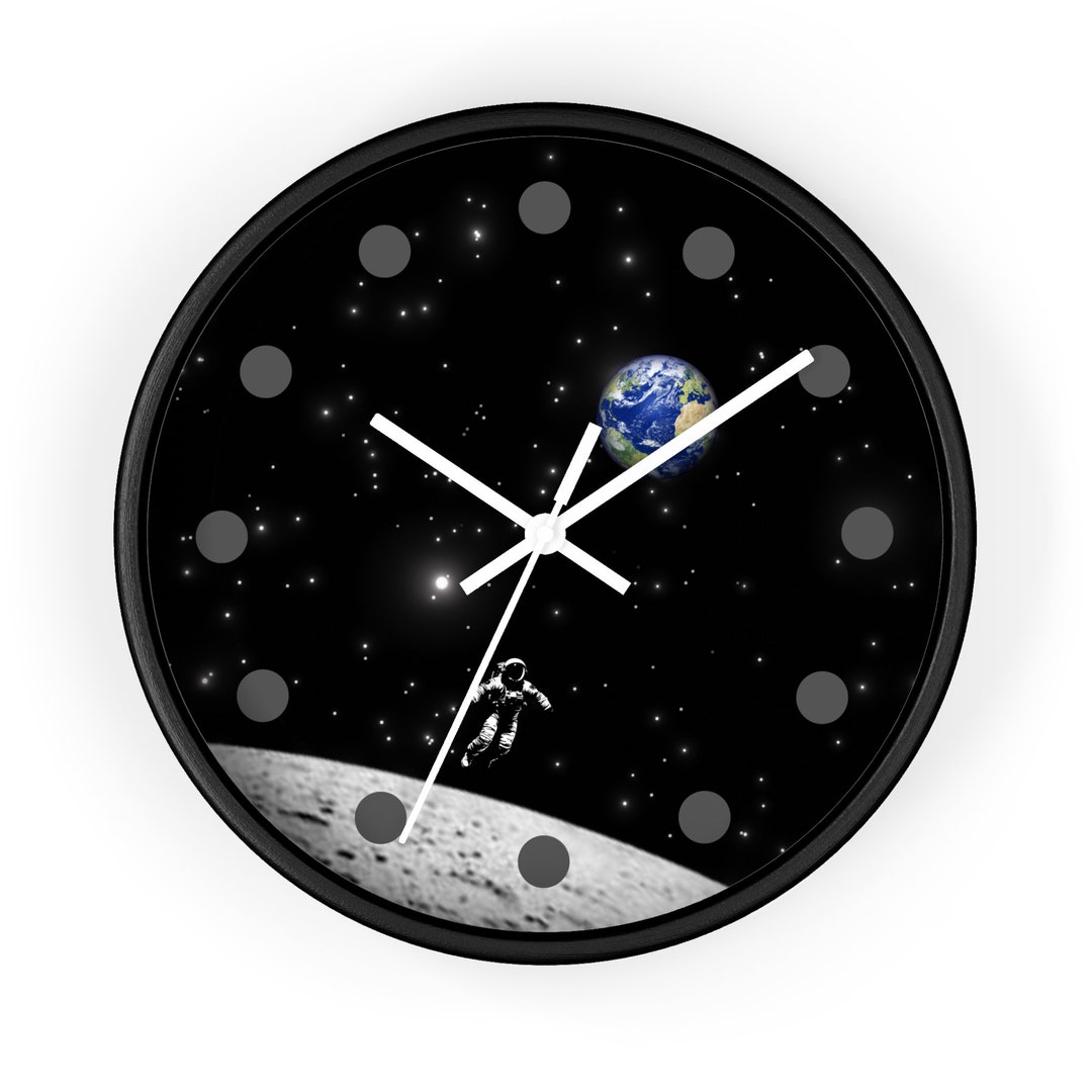 Wall Clock Space Clock No 1 Space Earth Moon Astronaut Face Black White ...