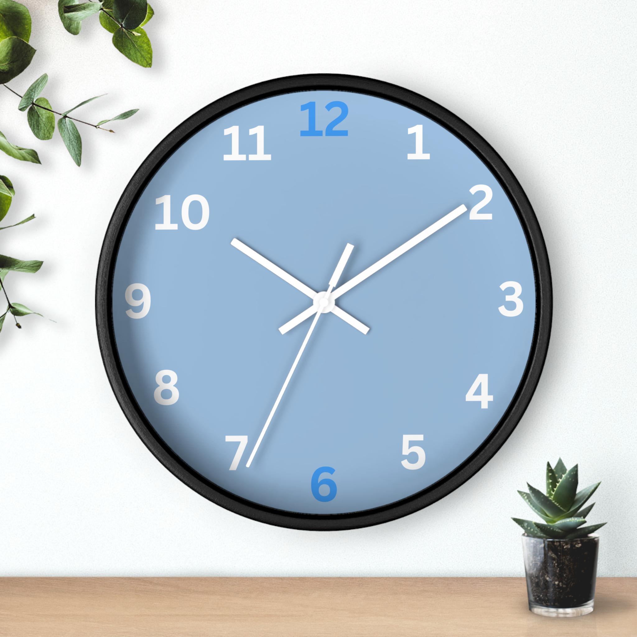 Wall Clock Pale Blue Face White Black Wood Frame White Blue Numerals ...