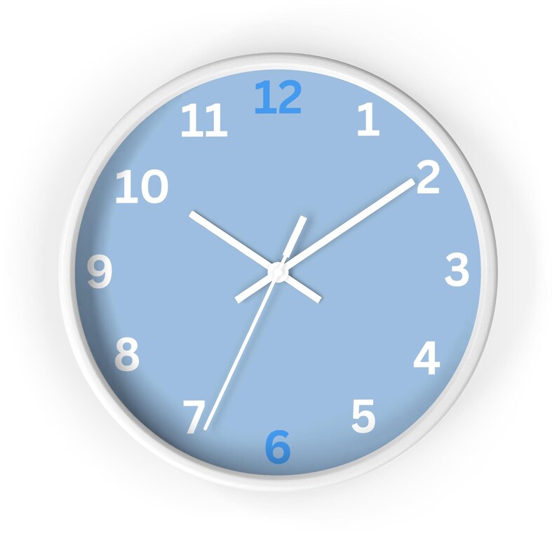 Wall Clock Pale Blue Face White Black Wood Frame White Blue Numerals ...