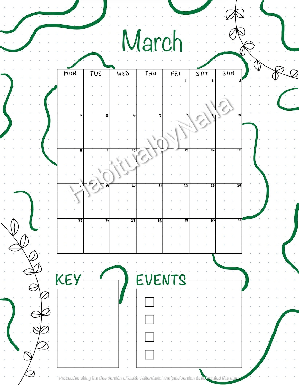 March Calendar Template - Etsy