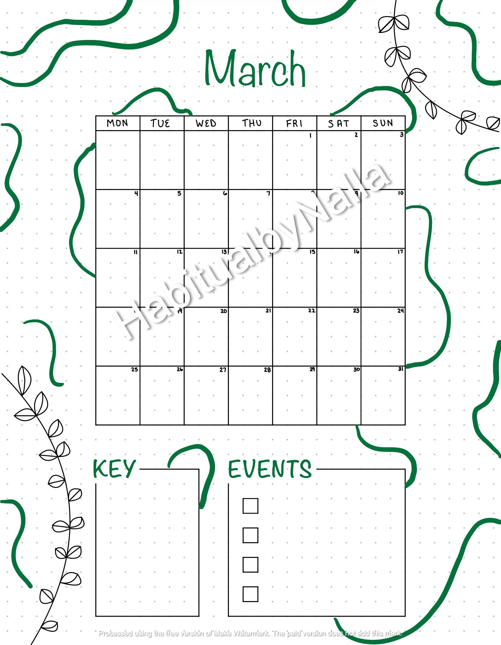 March Calendar Template - Etsy