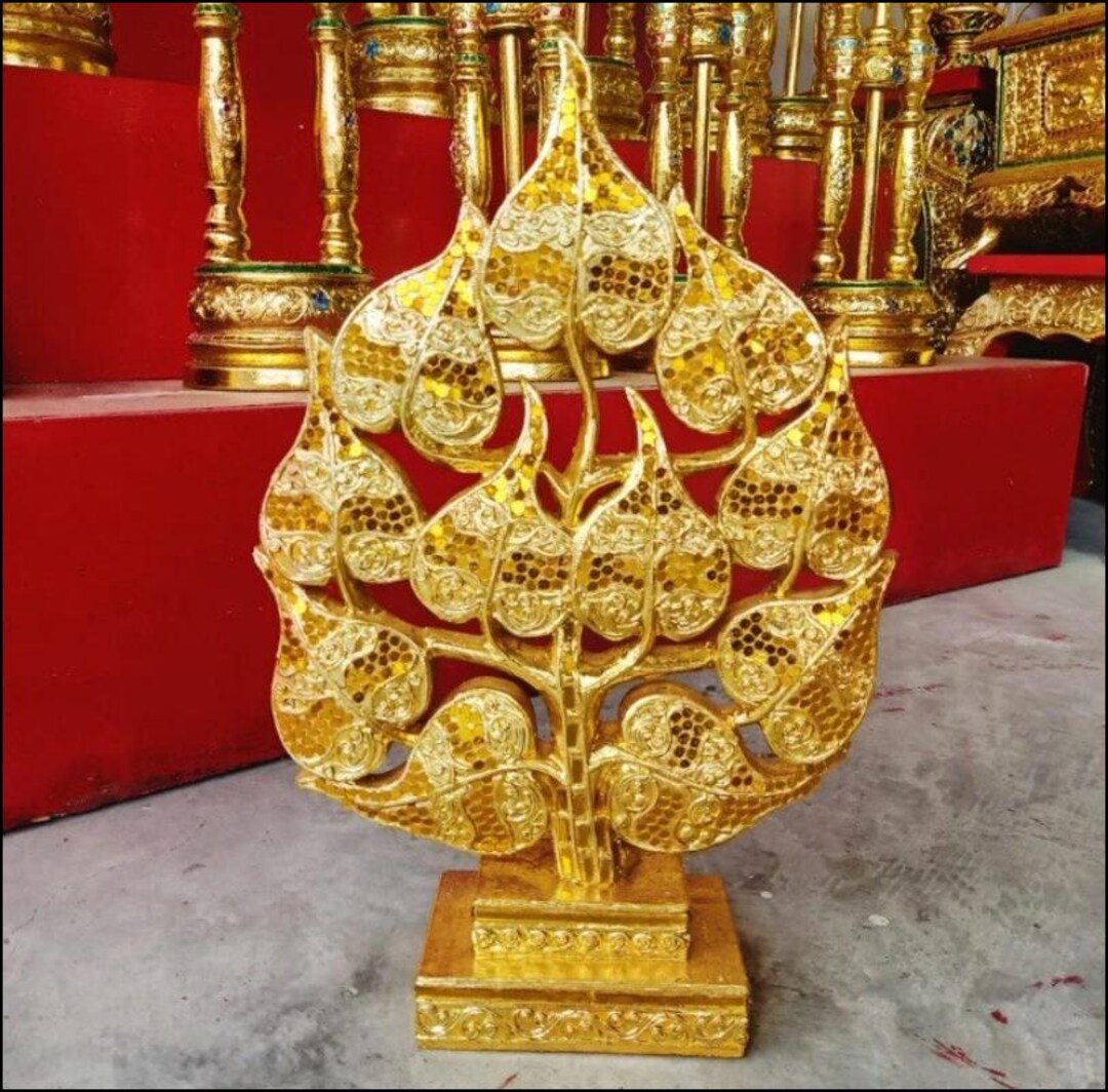 Bodhi Tree Wood Carved Bodhi Tree Decorated With Gold Mirrors, Carvings ...