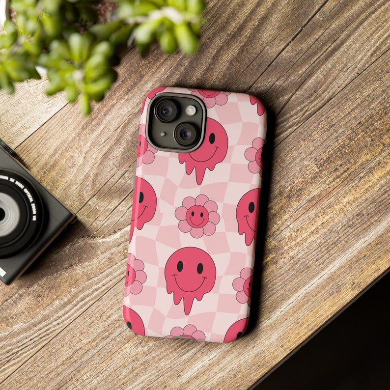 Smiley Face Pattern Pink Tough Phone Case for iPhone 15 Pro Max Plus ...