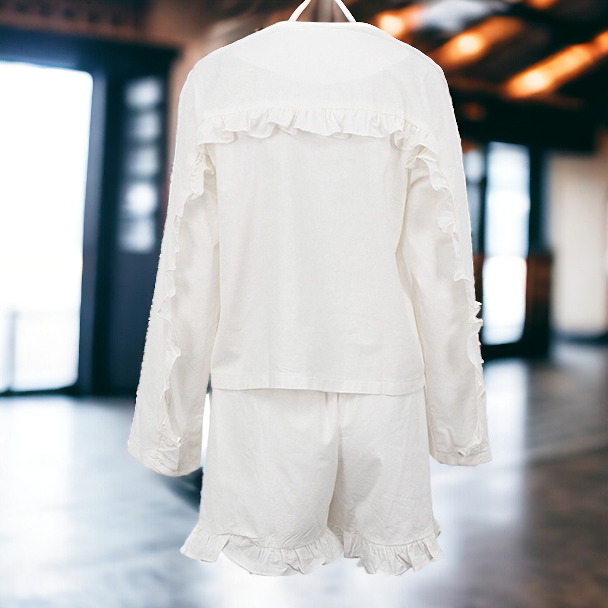 White Muslin Ruffle Loungewear Coords Vintage Two Piece Set Button Down ...