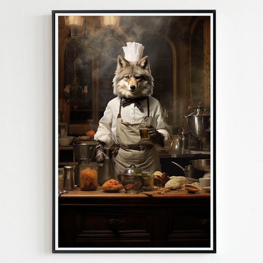 Wolf Chef in the Kitchen Funny Victorian Animal Print Wall Art Poster ...