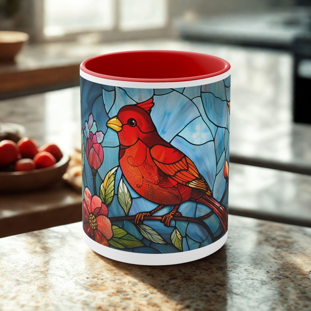 Red Cardinal Mug Bird Coffee Cup Bird Lover Gift Stained Glass Teacup ...