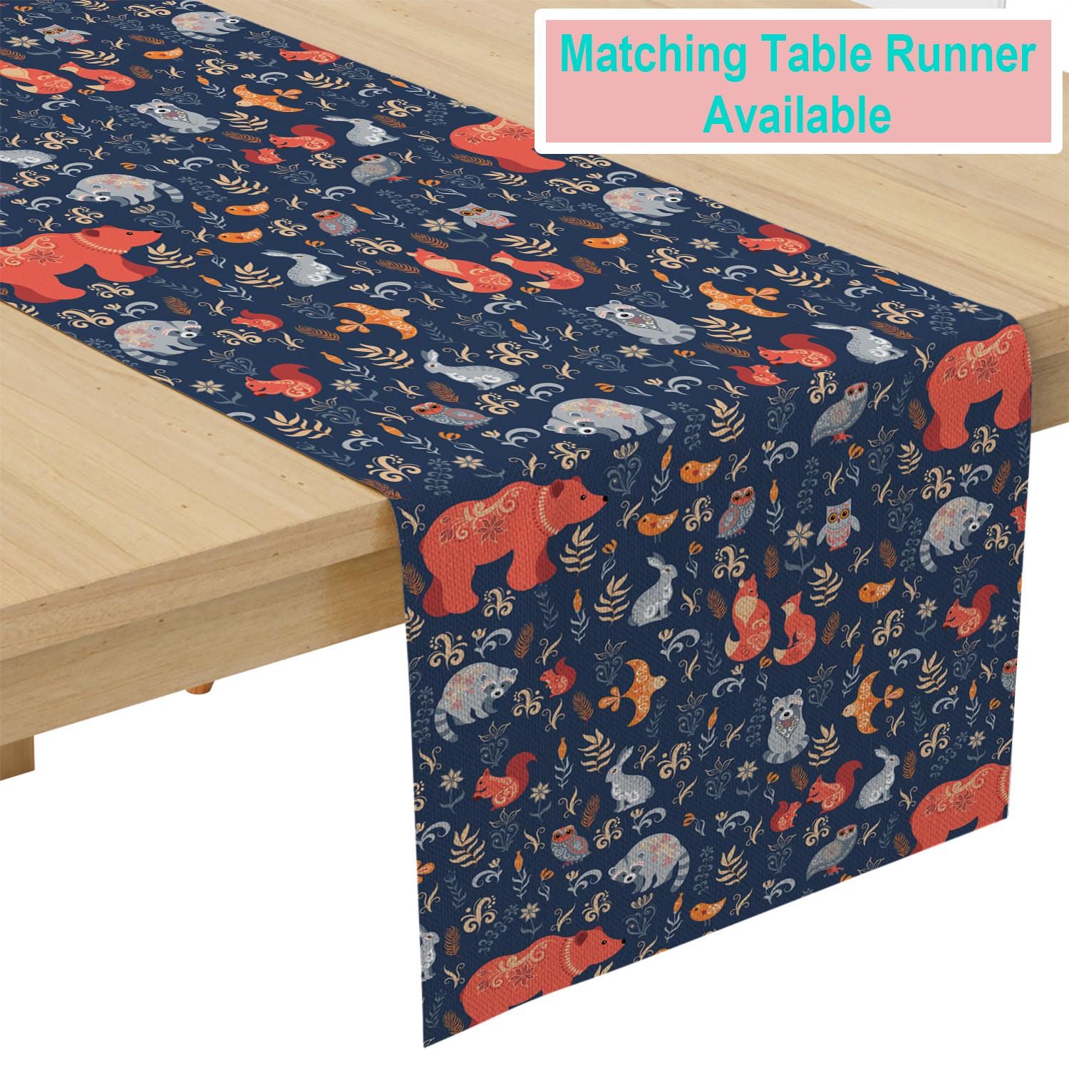 Forest Animals Fairytale Theme Design Premium Fabric Tablecloth Dining ...