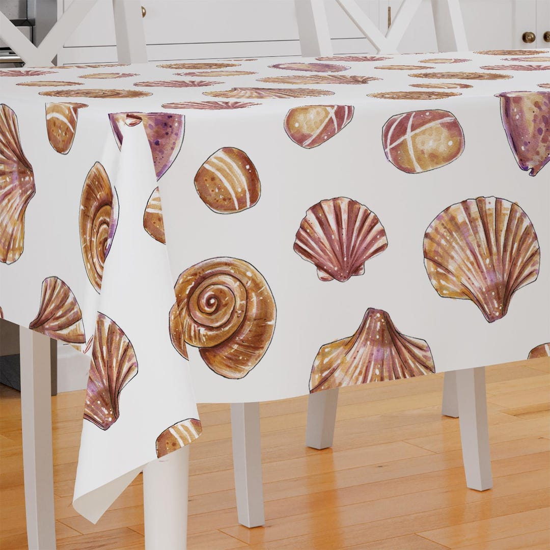 Watercolor Sea Shells Theme Premium Fabric Tablecloth Dining Tablecloth ...