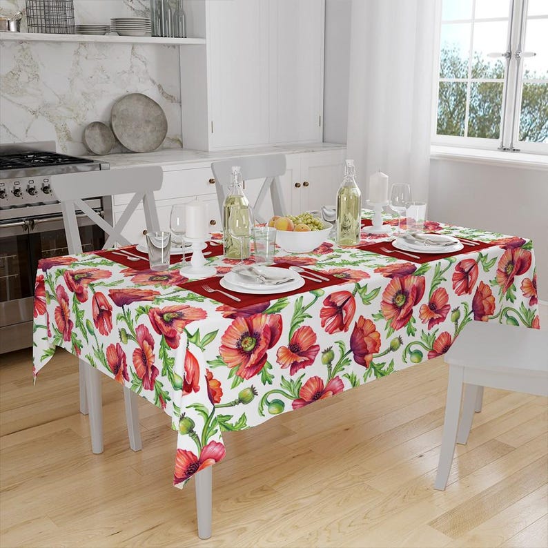 Watercolor Poppy Flower Theme Premium Fabric Tablecloth Dining Tablecloth Patio Tablecloth ...