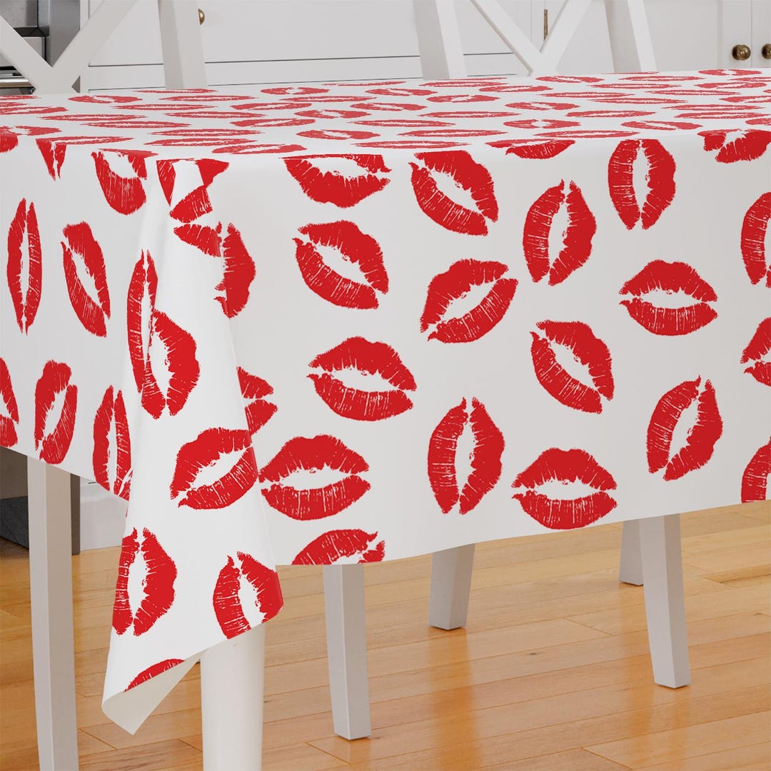 Red Lipstick Kissing Lips Design Premium Fabric Tablecloth Dining ...