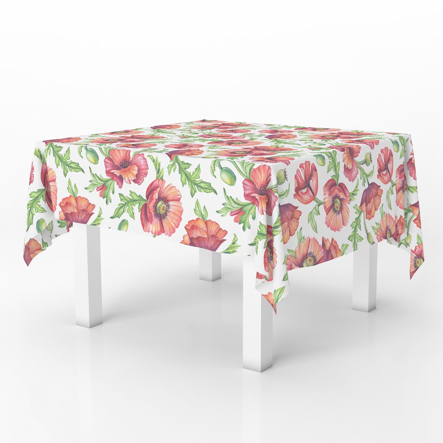 Watercolor Poppy Flower Theme Premium Fabric Tablecloth Dining ...