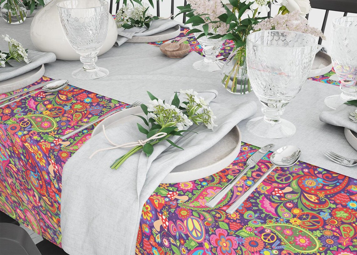 60s 70s Hippie Design Premium Fabric Tablecloth Dining Tablecloth Patio ...