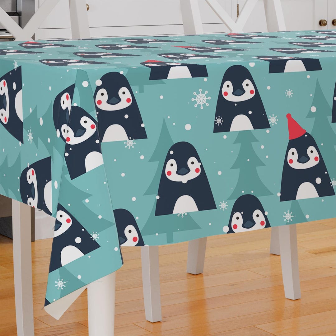Christmas Penguin Snowflake Theme Premium Fabric Tablecloth Dining ...