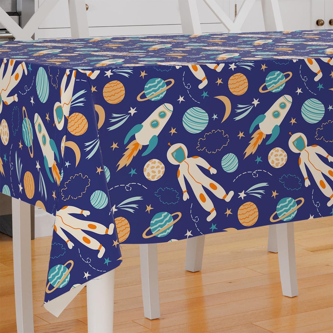 Cartoon Rocket Ship Space Theme Premium Fabric Tablecloth Dining ...