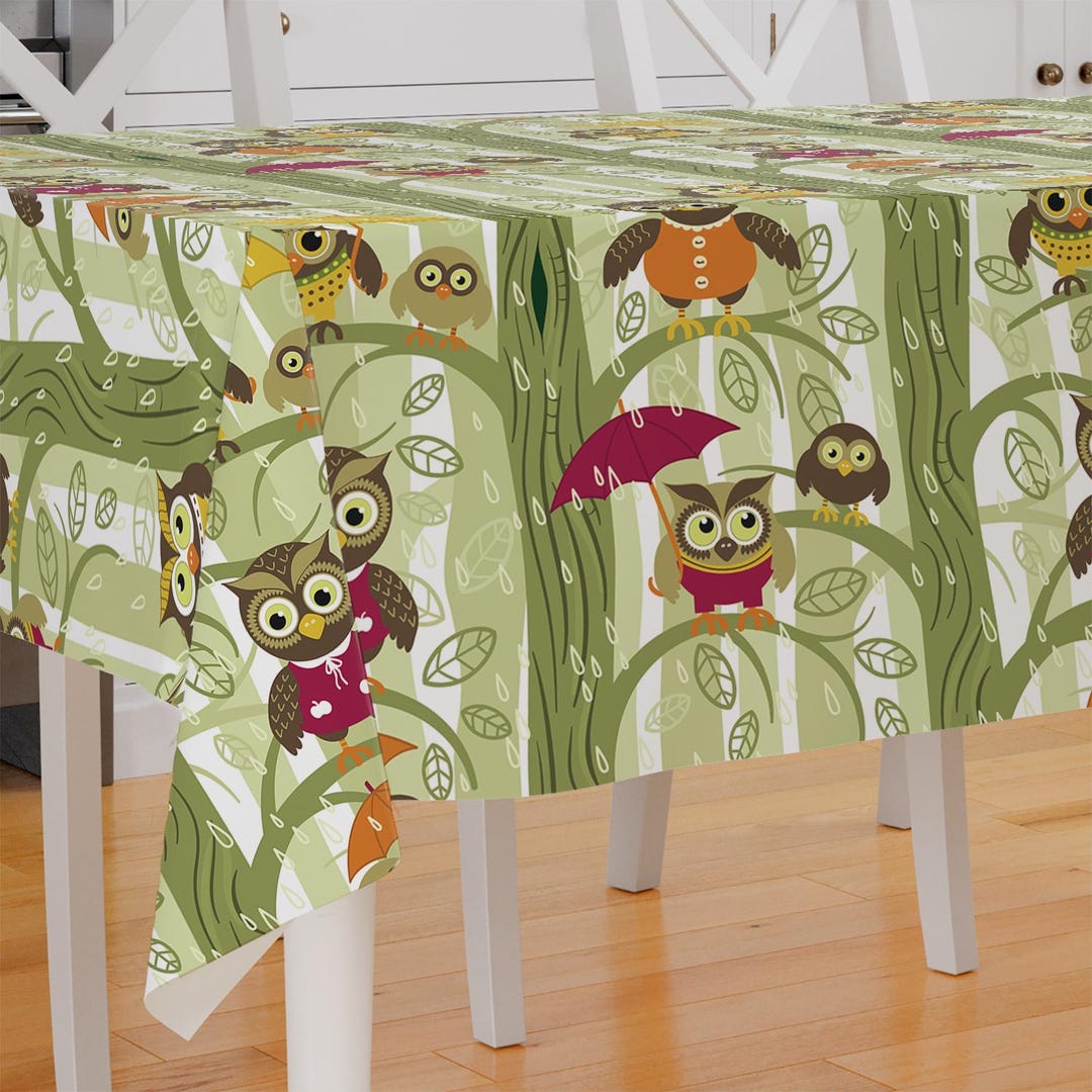 Scandinavian Autumn Owls Theme Design Premium Fabric Tablecloth Dining ...