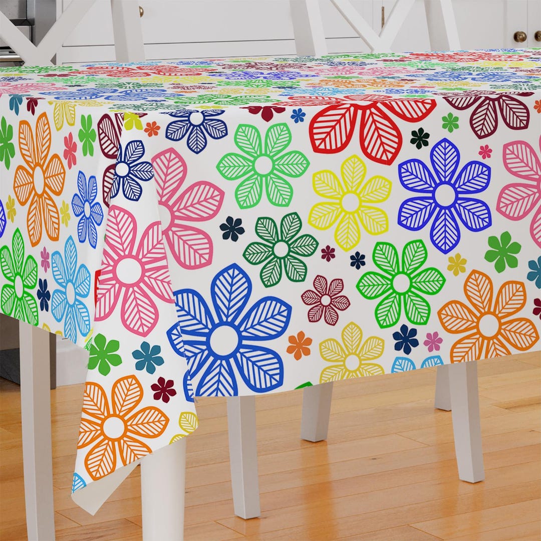 Pretty Flower Drawing Theme Design Premium Fabric Tablecloth Dining ...