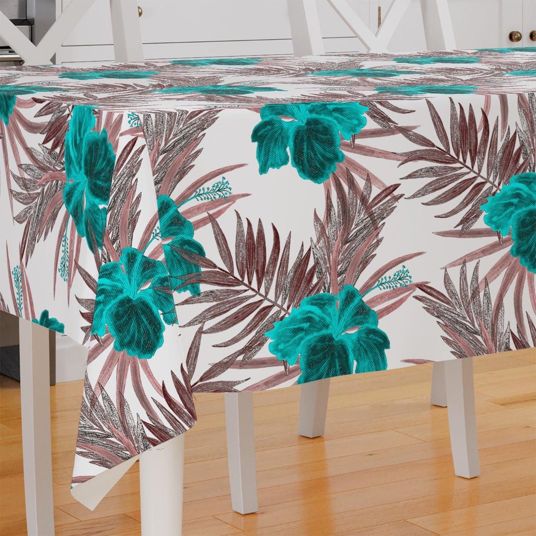 Watercolor Hibiscus Flower Theme Premium Fabric Tablecloth Dining ...