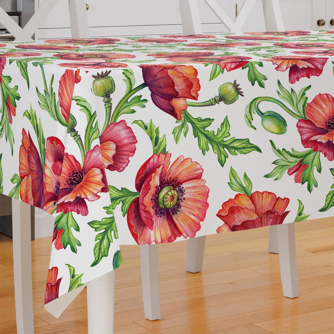 Watercolor Poppy Flower Theme Premium Fabric Tablecloth Dining ...