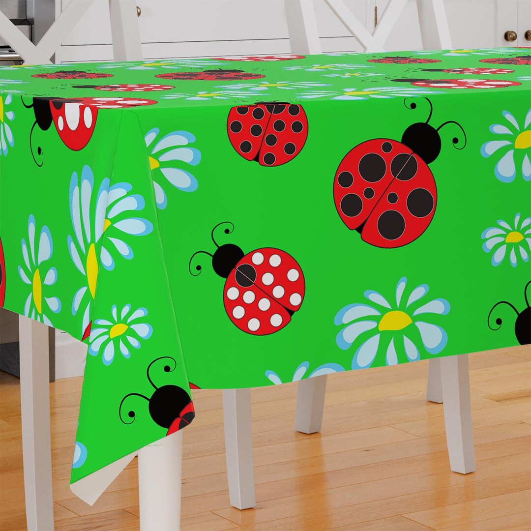 Cute Ladybug and Sunflower Design Premium Fabric Tablecloth Dining ...