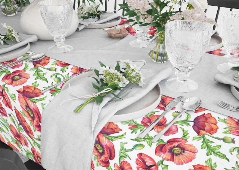 Watercolor Poppy Flower Theme Premium Fabric Tablecloth Dining ...
