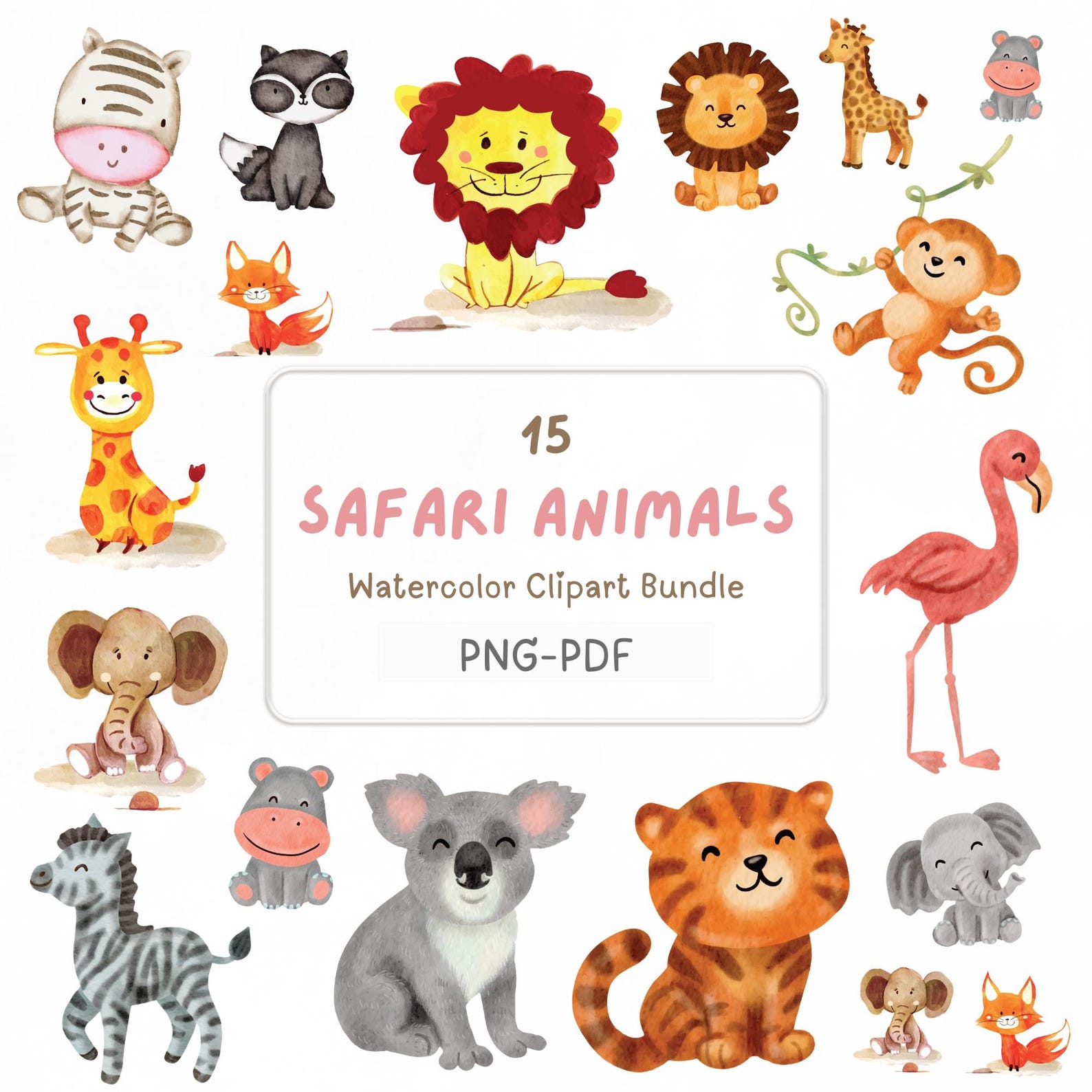 Watercolor Safari Babies Clipart Bundle, Safari Animals Clip Art ...